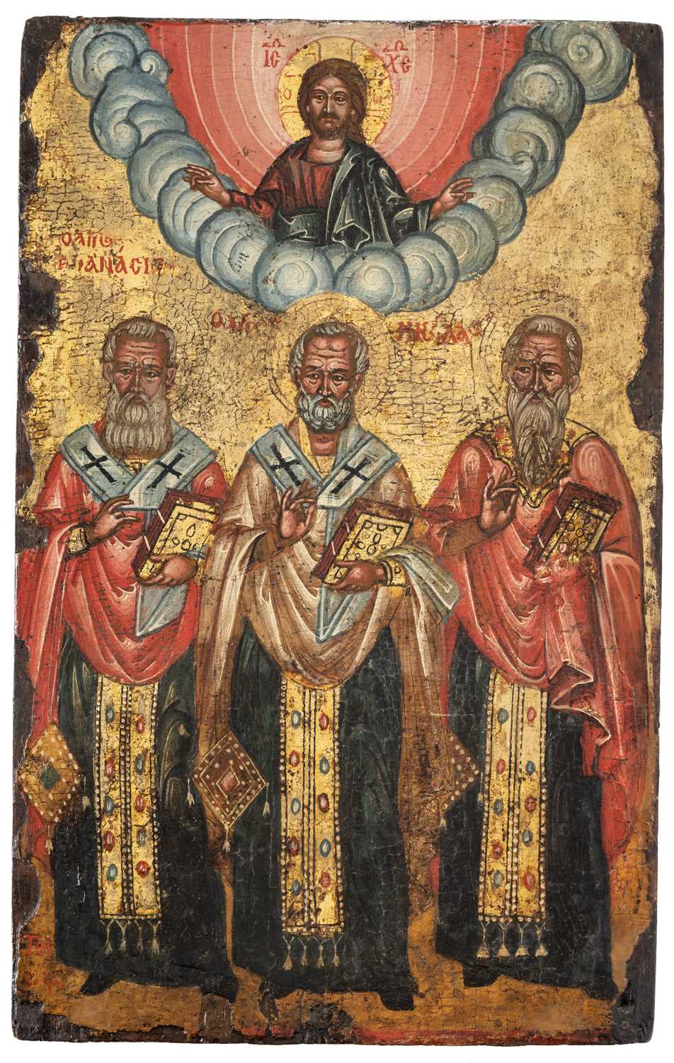 Lot 105 - AN ICON OF THREE BISHOPS, GREEK, EARLY 18TH