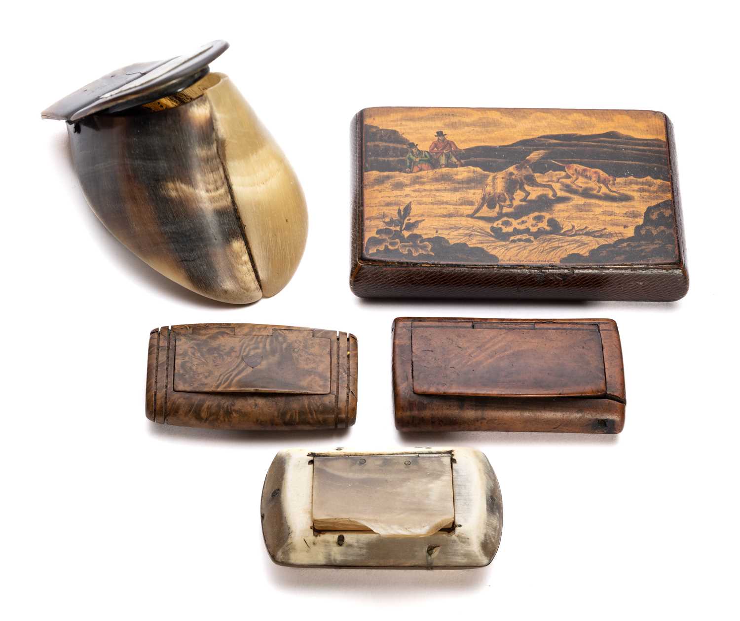 Lot 282 - A SYCAMORE PENWORK SNUFF BOX, SCOTTISH, MID