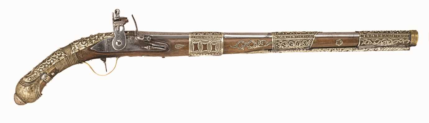 Lot 104 - A 40 BORE INDIAN COMBINED MATCHLOCK PISTOL