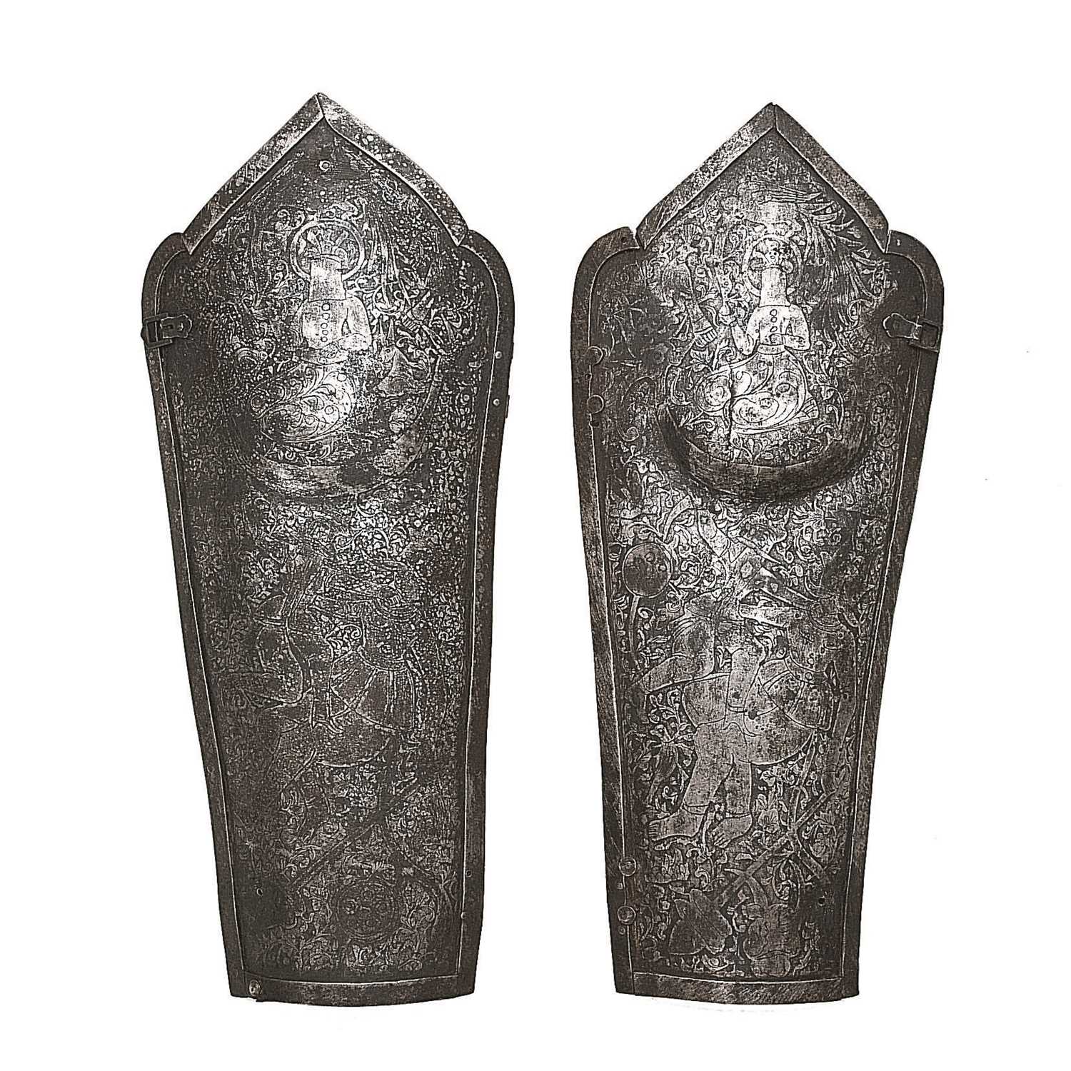 Lot 41 - A RARE PAIR OF INDO-PERSIAN LEG DEFENCES