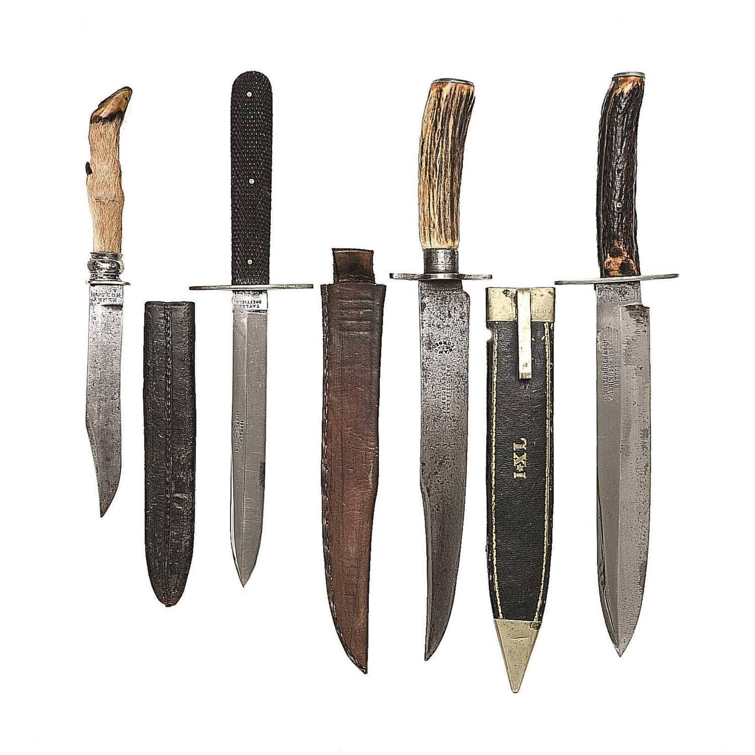 Lot 157 - FOUR ENGLISH HUNTING KNIVES