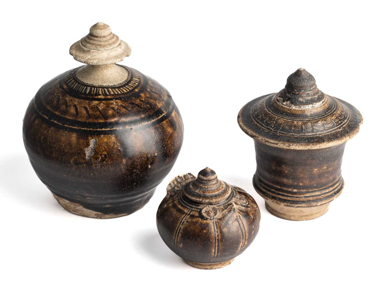 Lot 237 - THREE KHMER BROWN GLAZED STONEWARE POTS