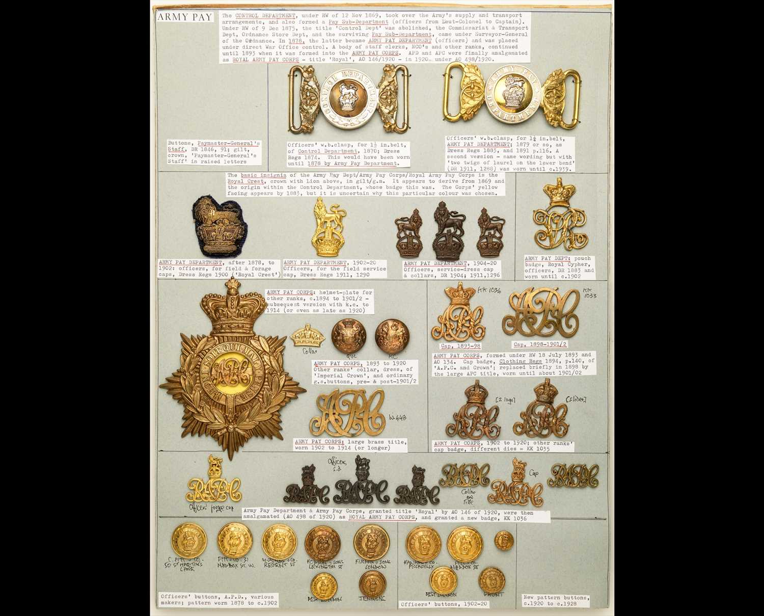 Lot 225 - Army Pay Department and RAPC insignia