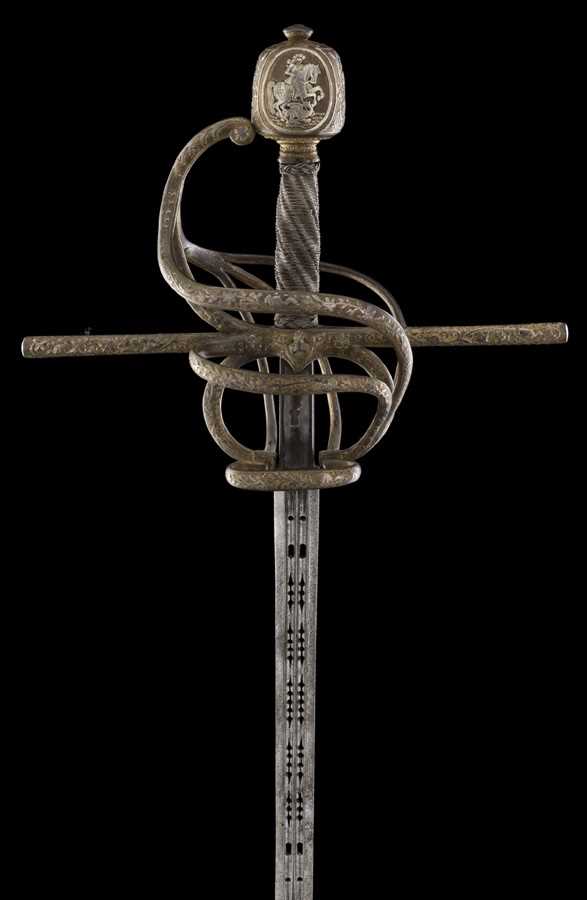 Lot 148 - A FINE SILVER-ENCRUSTED SWEPT-HILT RAPIER IN