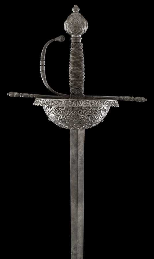 Lot 150 - A FINELY CHISELLED CUP-HILT RAPIER IN