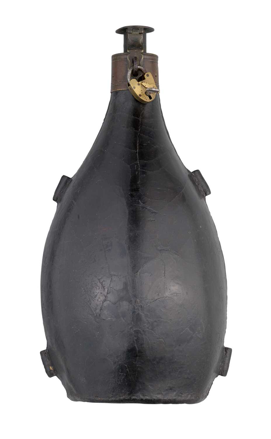Lot 220 - A LARGE LEATHER POWDER-FLASK