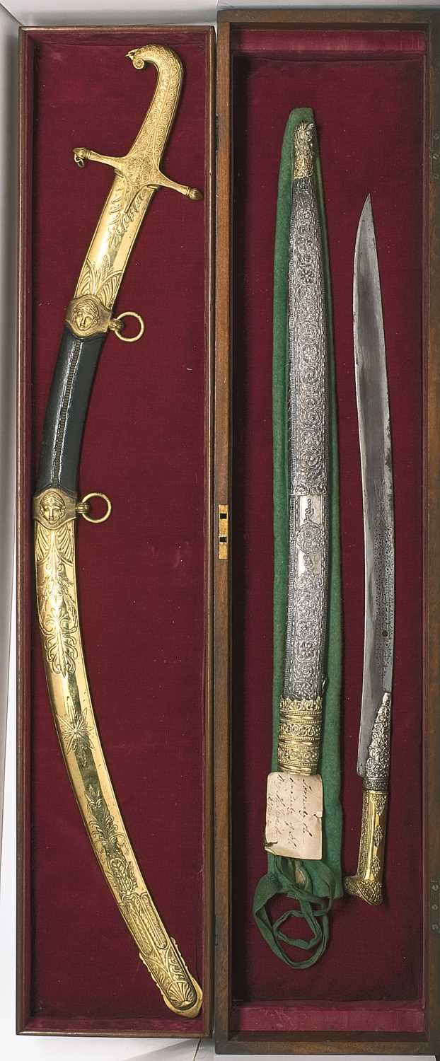 Lot 12 - THE GILT-BRASS MOUNTED SHAMSHIR PRESENTED TO