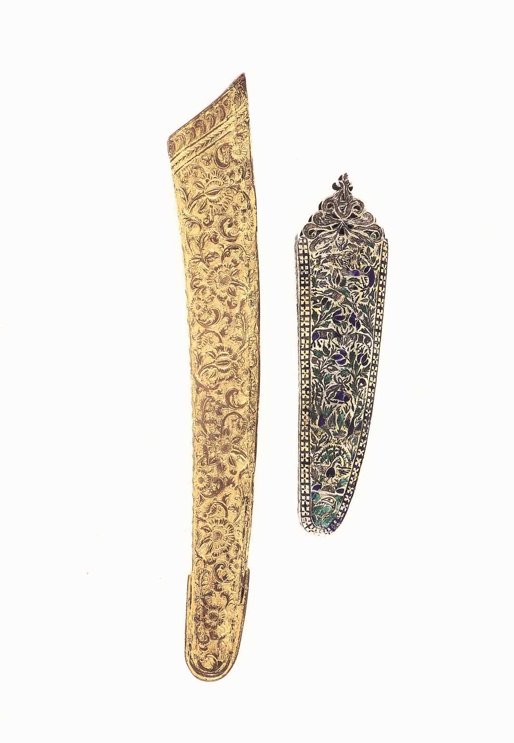 Lot 16 - AN INDIAN ENAMELLED SILVER CHAPE FOR A SWORD