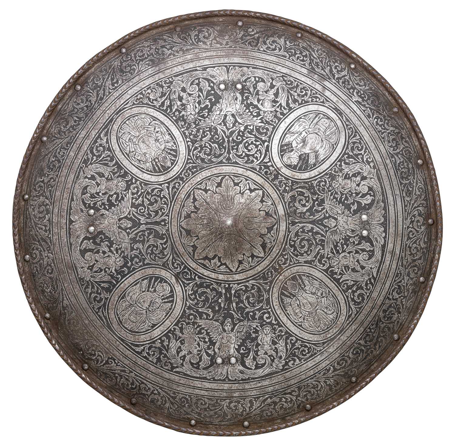 Lot 233 - **AN ETCHED CIRCULAR SHIELD IN 16TH CENTURY