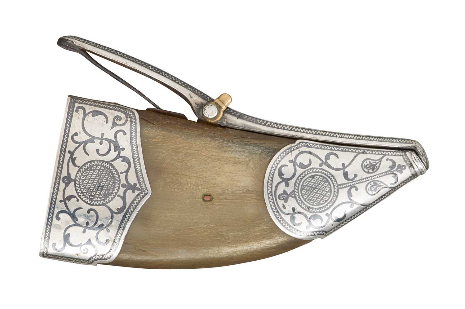 Lot 77 - A CAUCASIAN SILVER-MOUNTED PRIMING FLASK