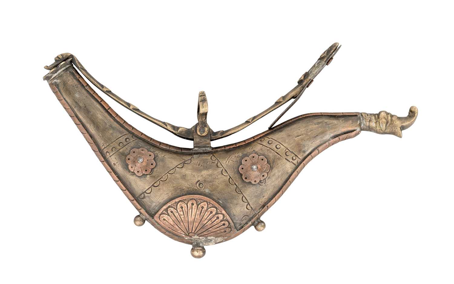 Lot 113 - AN INDIAN COPPER ALLOY PRIMING FLASK IN 18TH