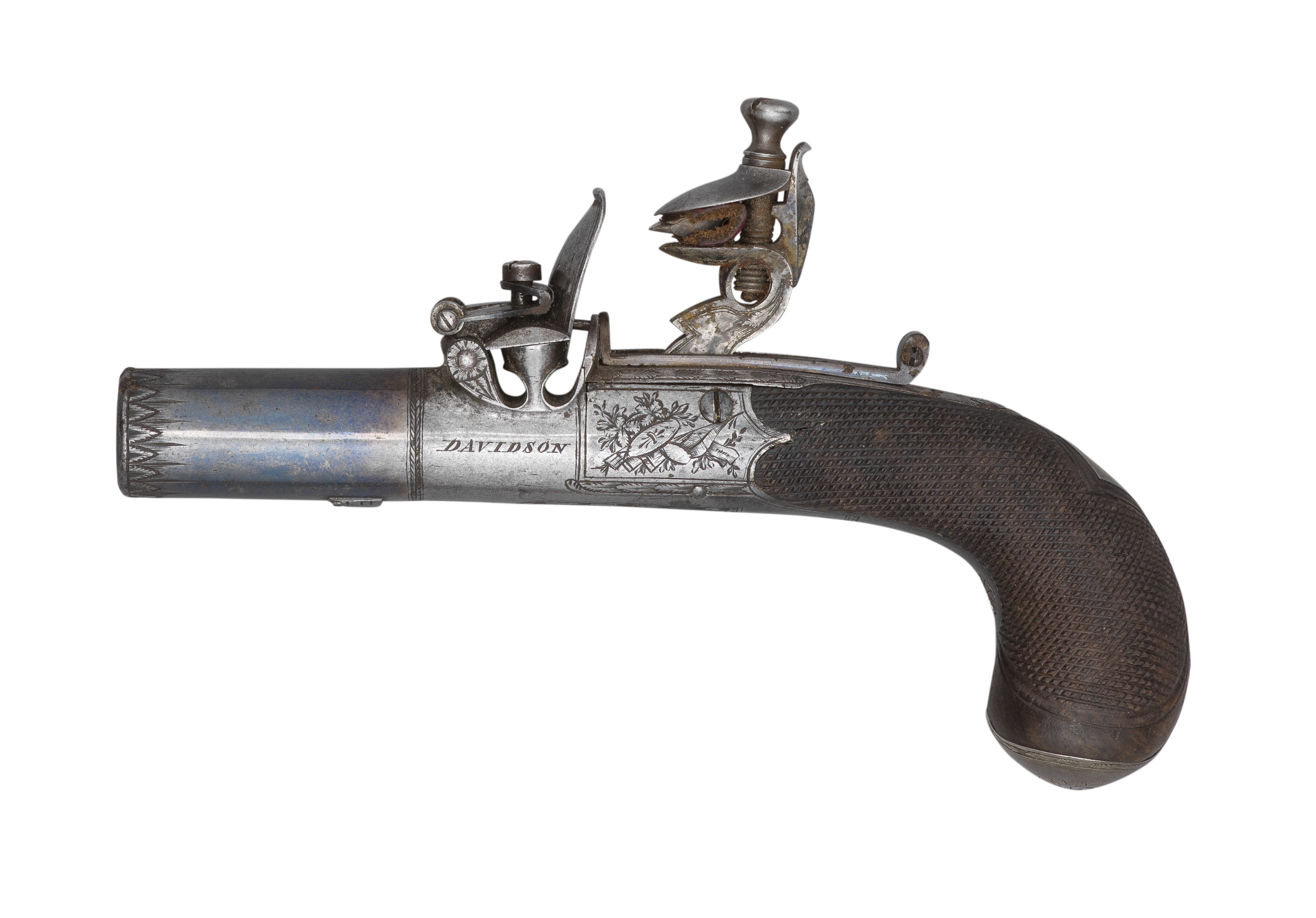 Lot 507 - A 50 BORE FLINTLOCK POCKET PISTOL SIGNED