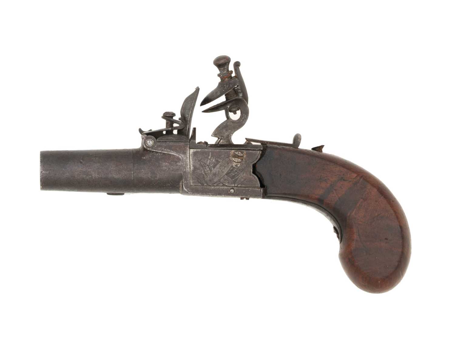 Lot 99 - A FLINTLOCK BOX-LOCK POCKET PISTOL BY