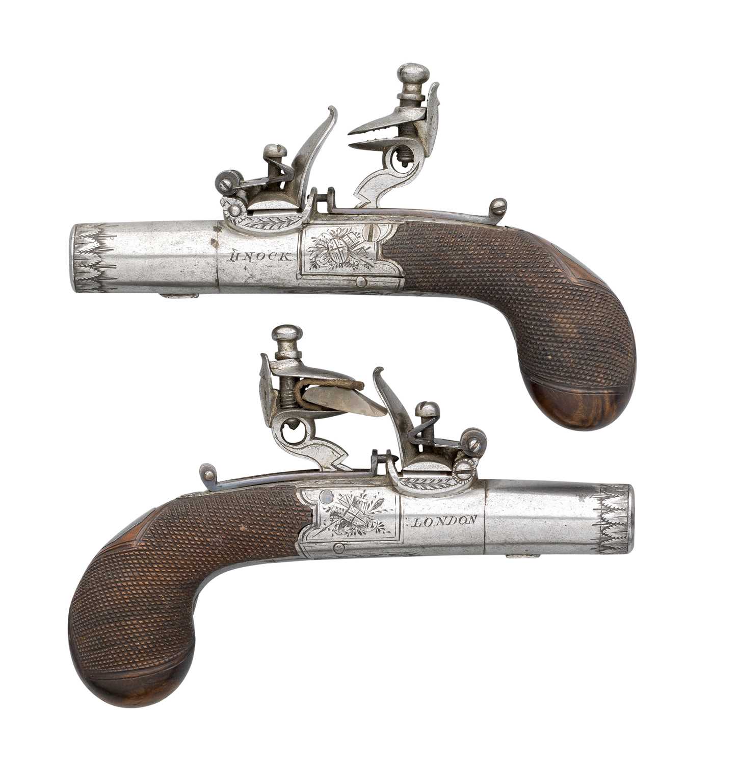 Lot 499 - A PAIR OF 100 BORE FLINTLOCK POCKET PISTOLS