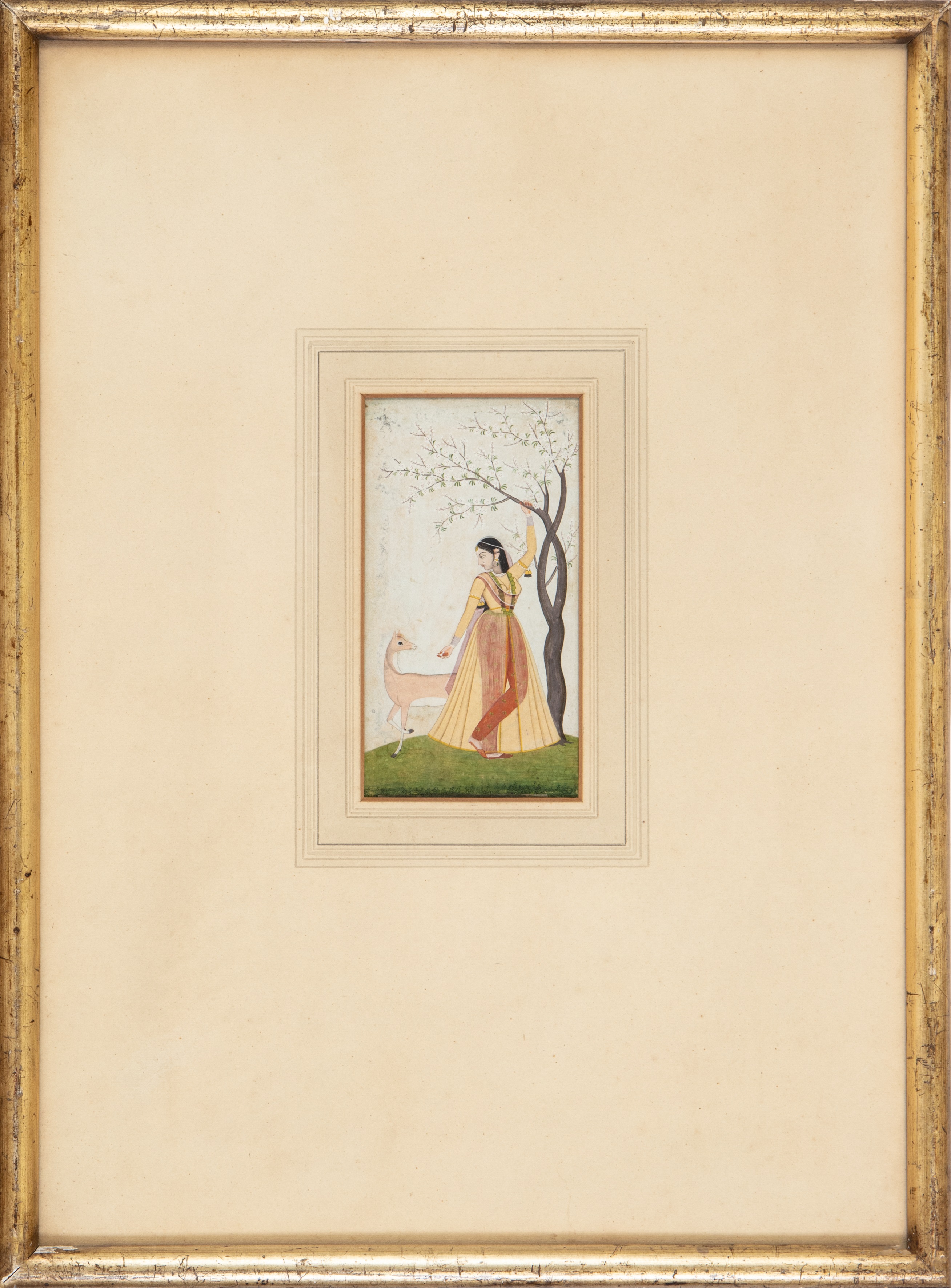 Lot 678 - A LADY WITH A DEER UNDER A BLOSSOMING TREE,