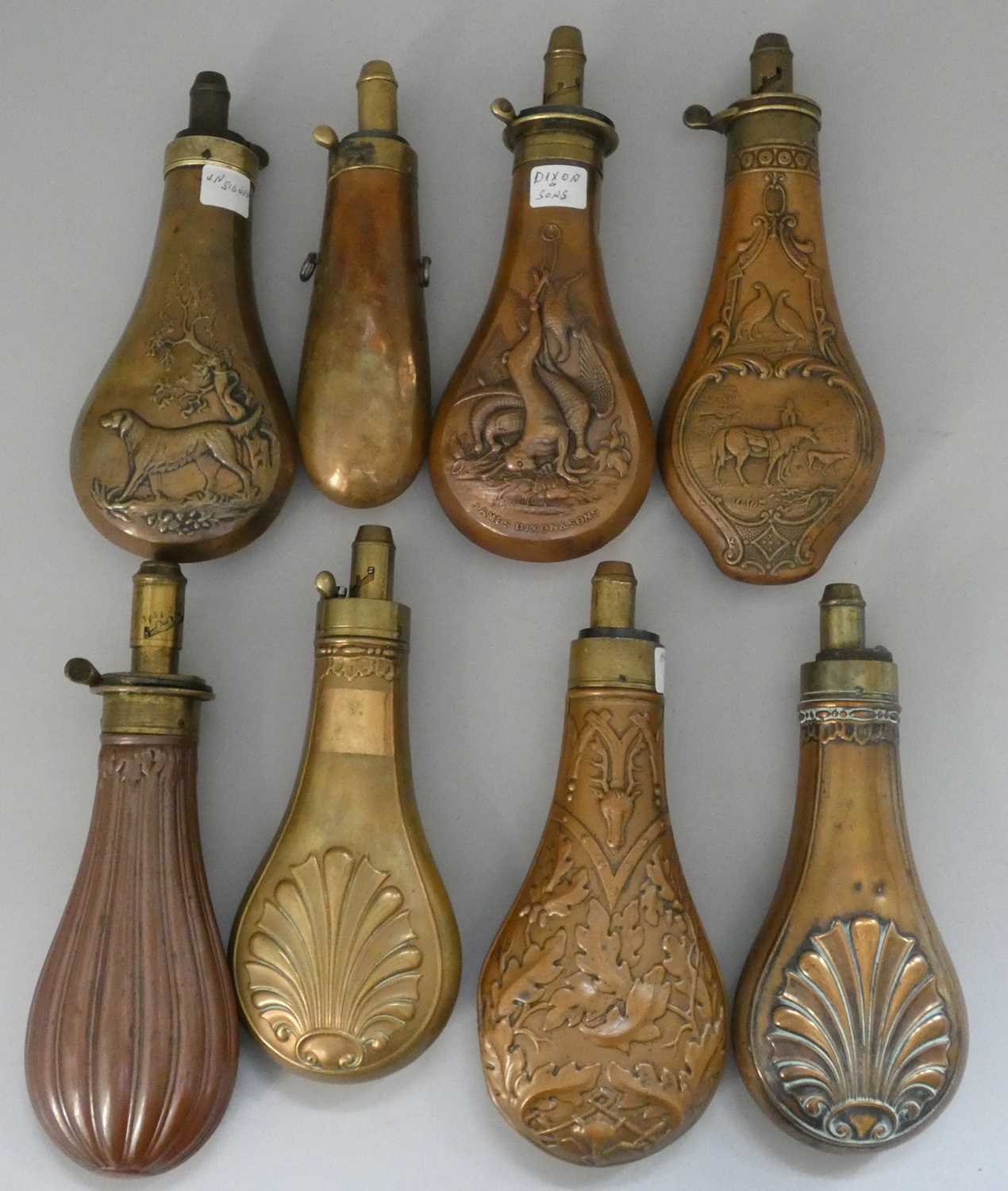 Lot 414 - EIGHT GUN FLASKS, SECOND HALF OF THE 19TH