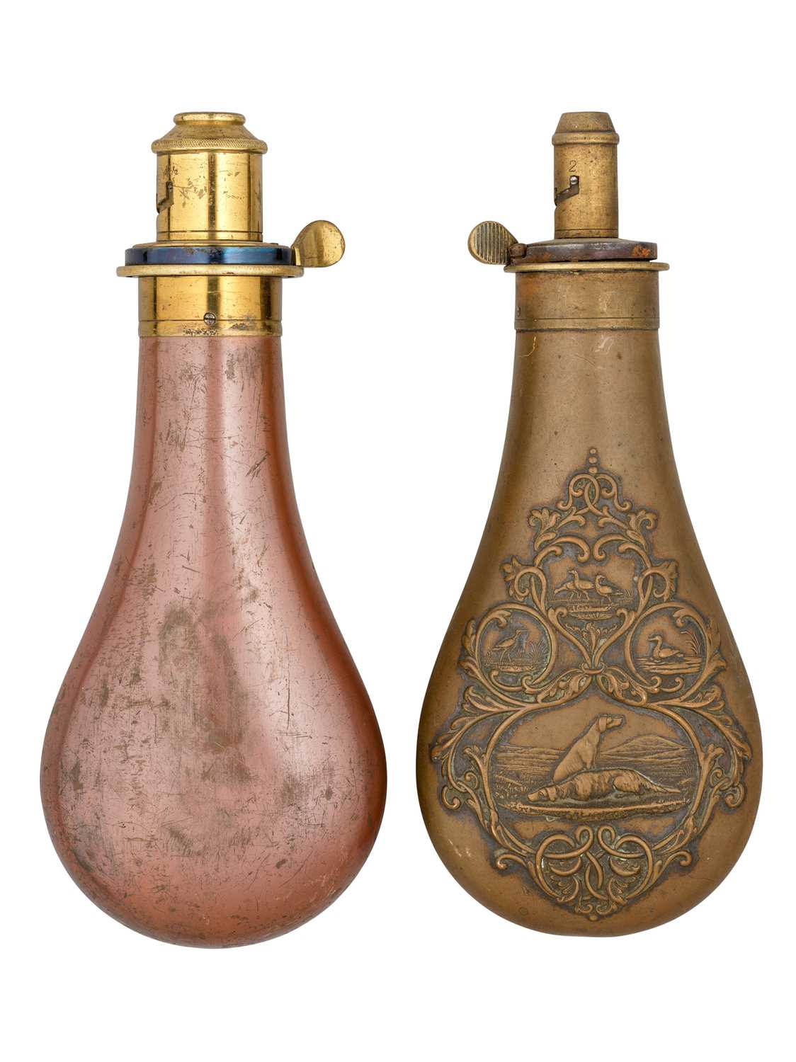 Lot 116 - â“Œ TEN GUN POWDER FLASKS, 19TH CENTURY