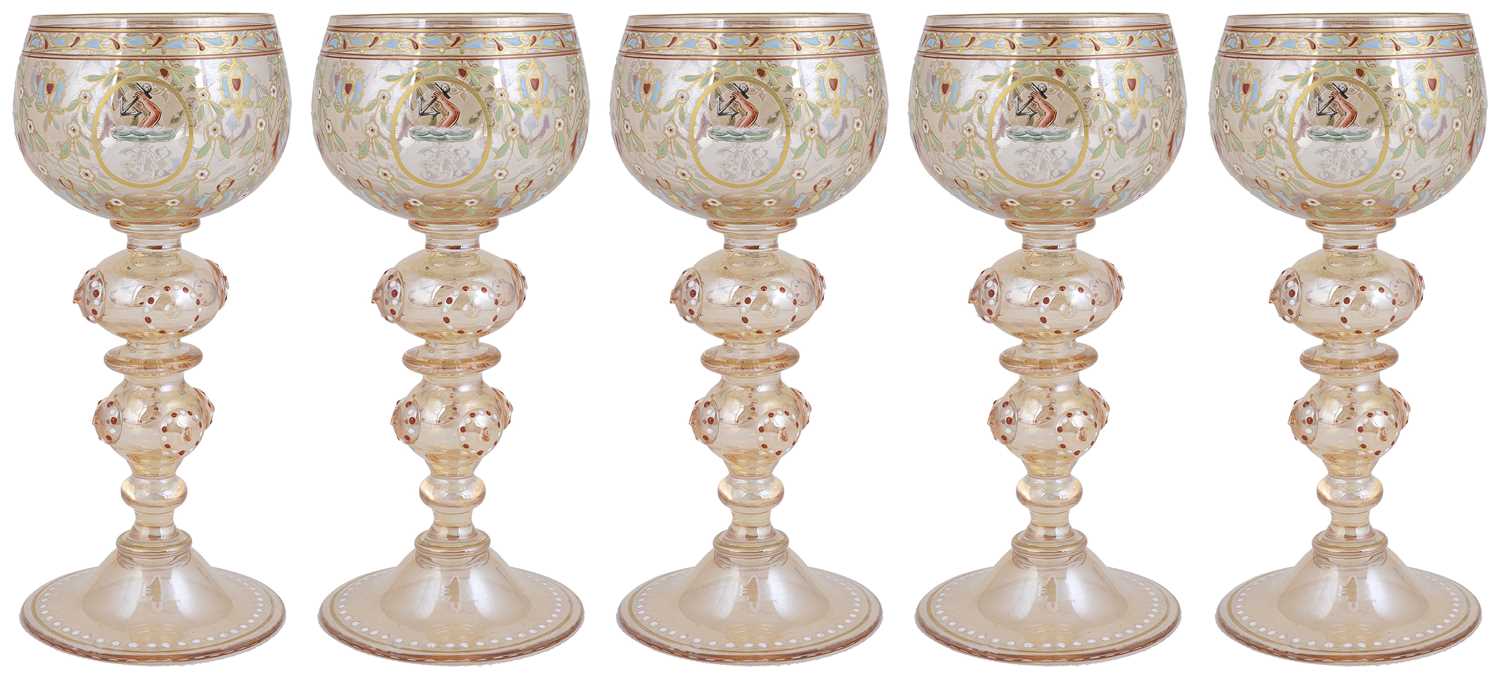 Lot 329 - A SET OF FIVE ENAMELLED HOCK GLASSES