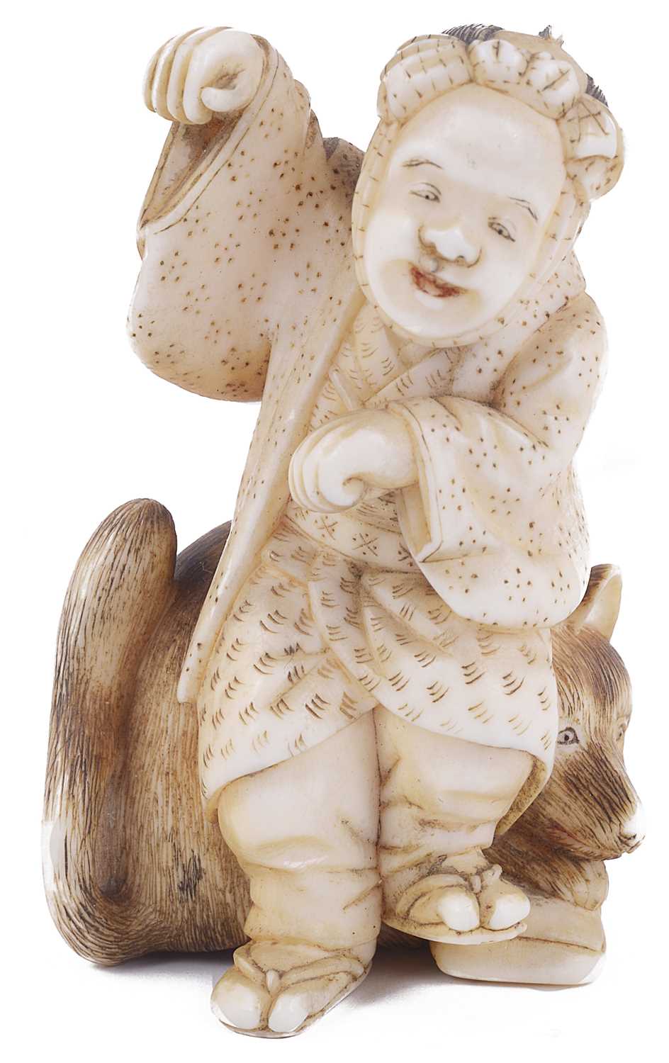Lot 114 - ~IVORY NETSUKE OF A MAN DANCING WITH A FOX