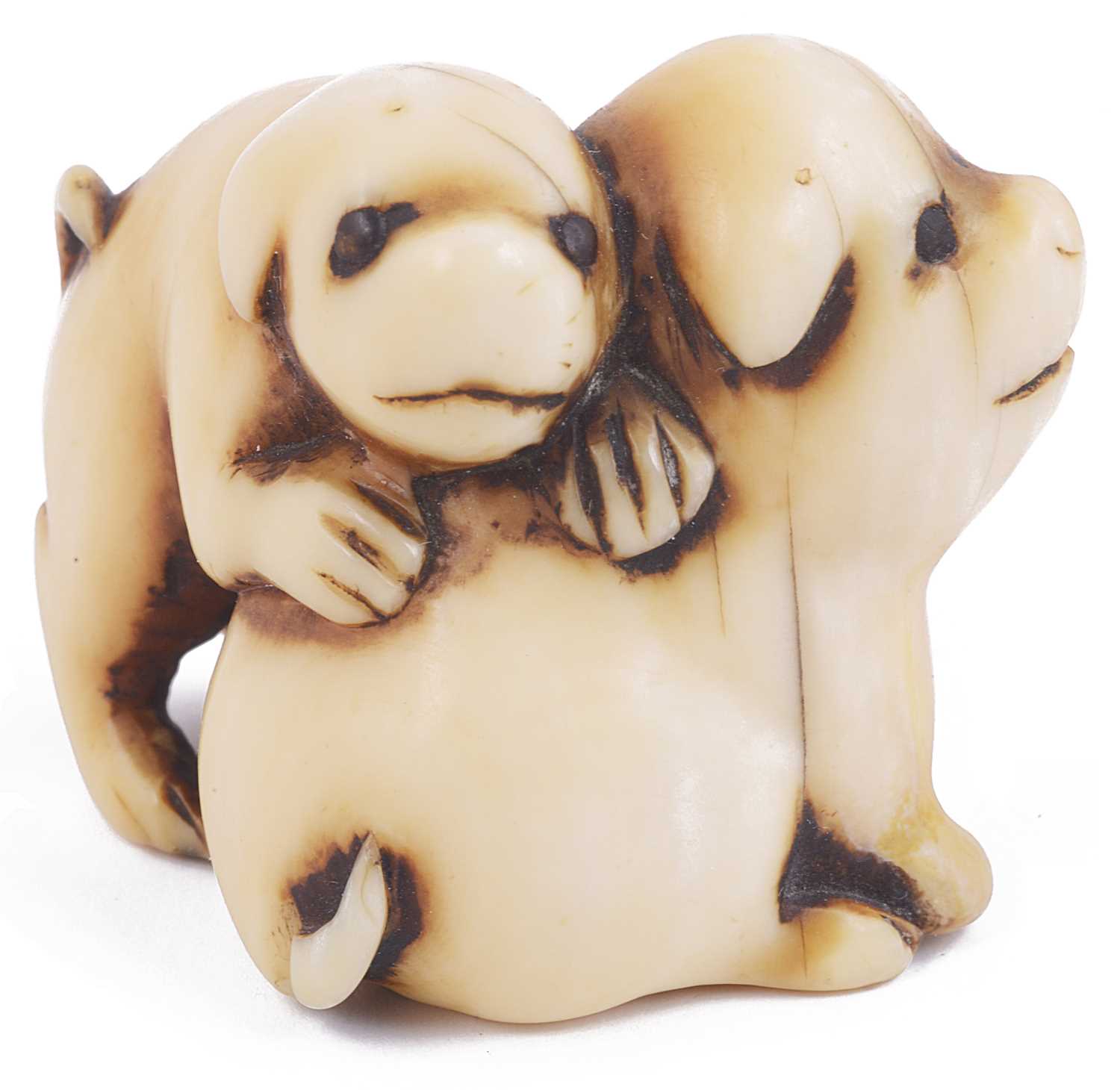 Lot 188 - ~STAINED IVORY NETSUKE OF TWO PUPPIES