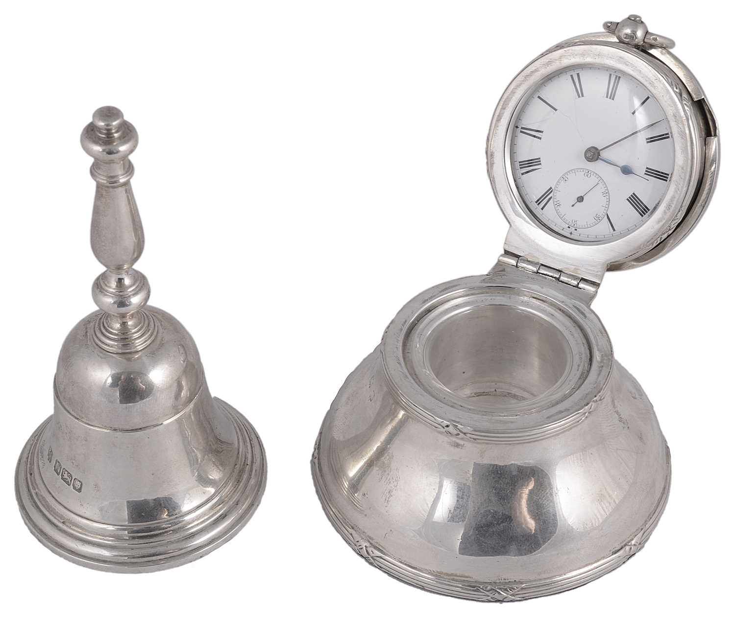 Lot 526 - AN EDWARDIAN SILVER NOVELTY INKWELL CLOCK