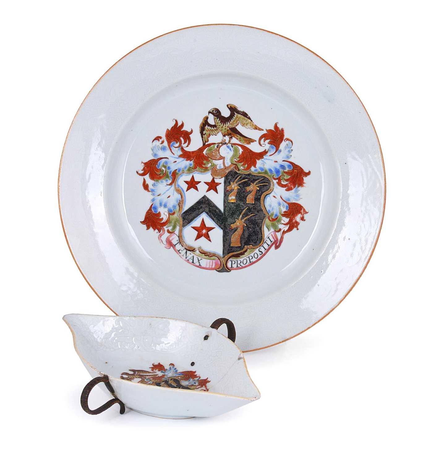 Lot 125 - A CHINESE ARMORIAL PLATE AND DOUBLE LIPPED