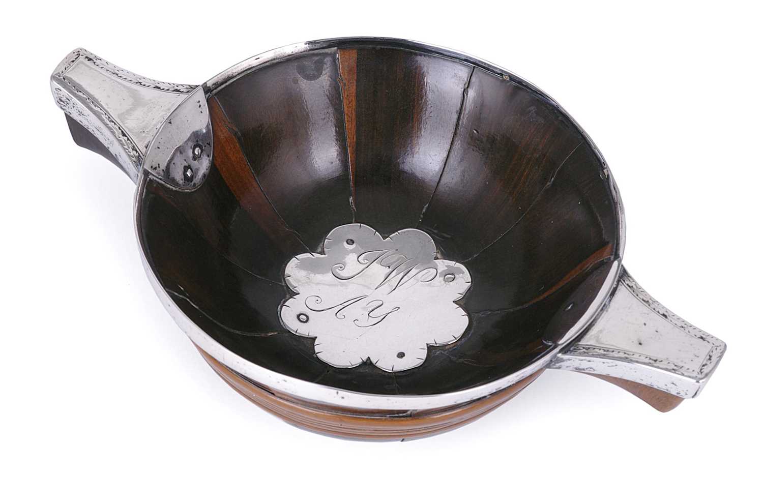 Lot 409 - A SCOTTISH SILVER-MOUNTED LABURNUM QUAICH