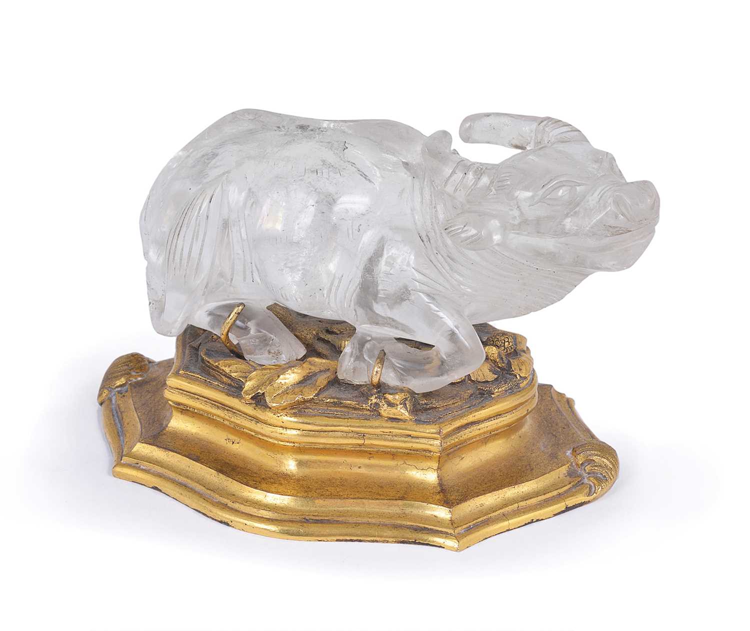Lot 83 - A CHINESE ROCK CRYSTAL BUFFALO ON AN ORMOLU