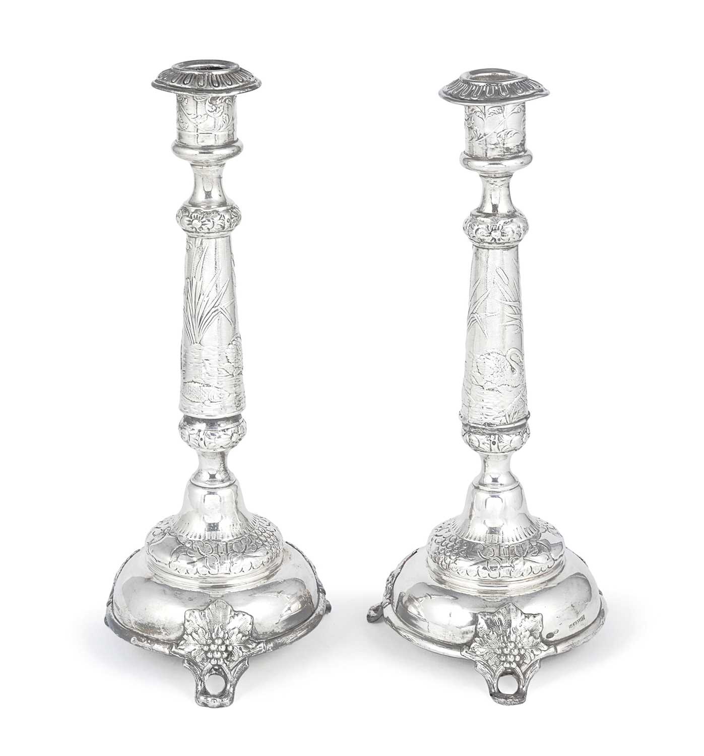 Lot 231 - A PAIR OF RUSSIAN SILVER CANDLESTICKS