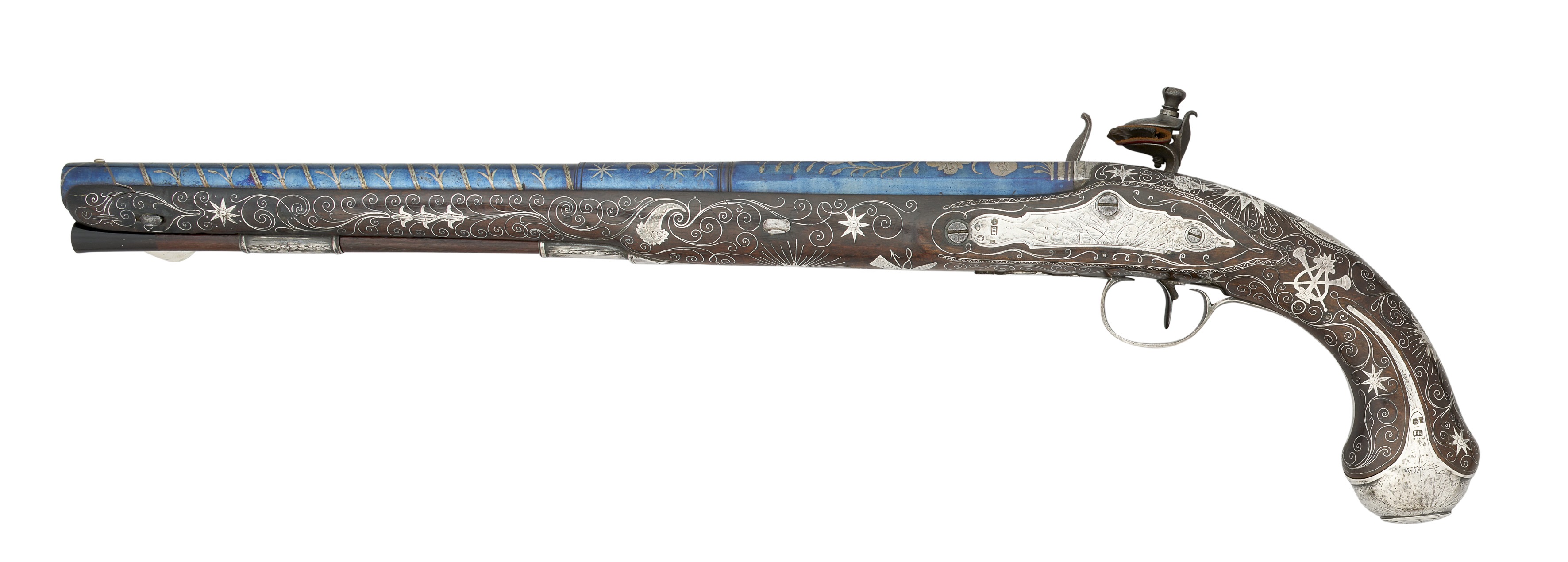 Lot 424 - A 20 BORE SILVER-MOUNTED LONG FLINTLOCK