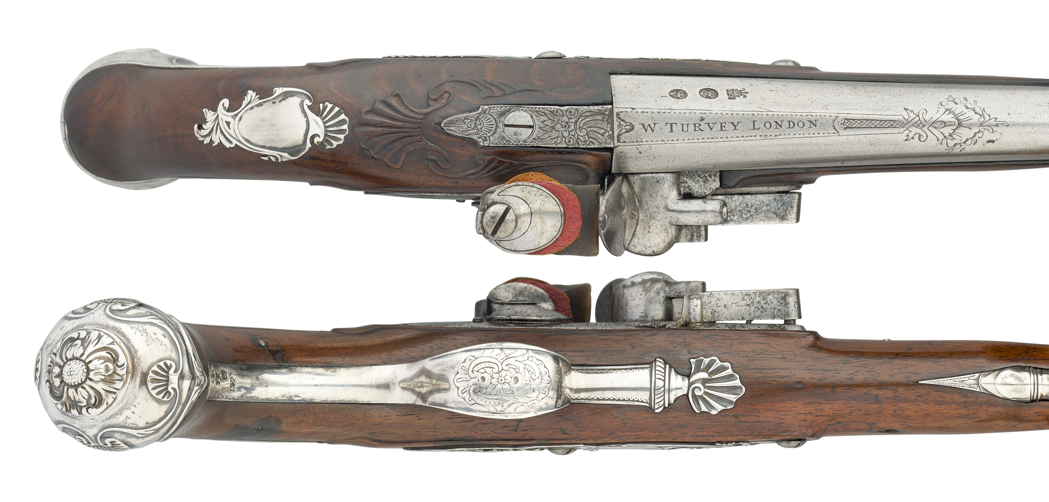 Lot 415 - A PAIR OF 14 BORE SILVER-MOUNTED FLINTLOCK