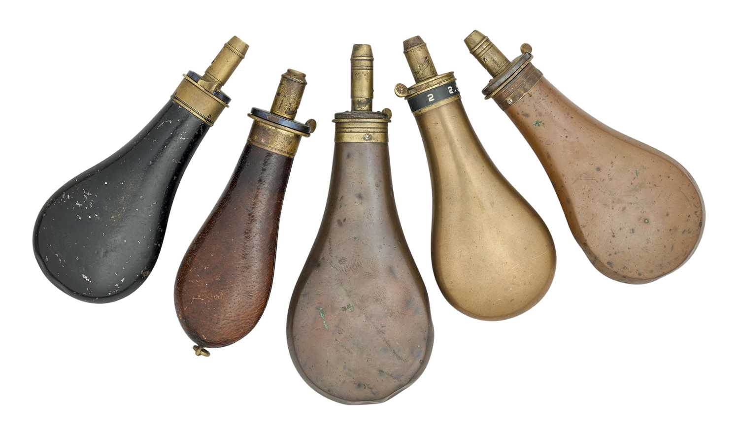 Lot 382 - FIVE GUN-SIZED POWDER-FLASKS, 19TH CENTURY