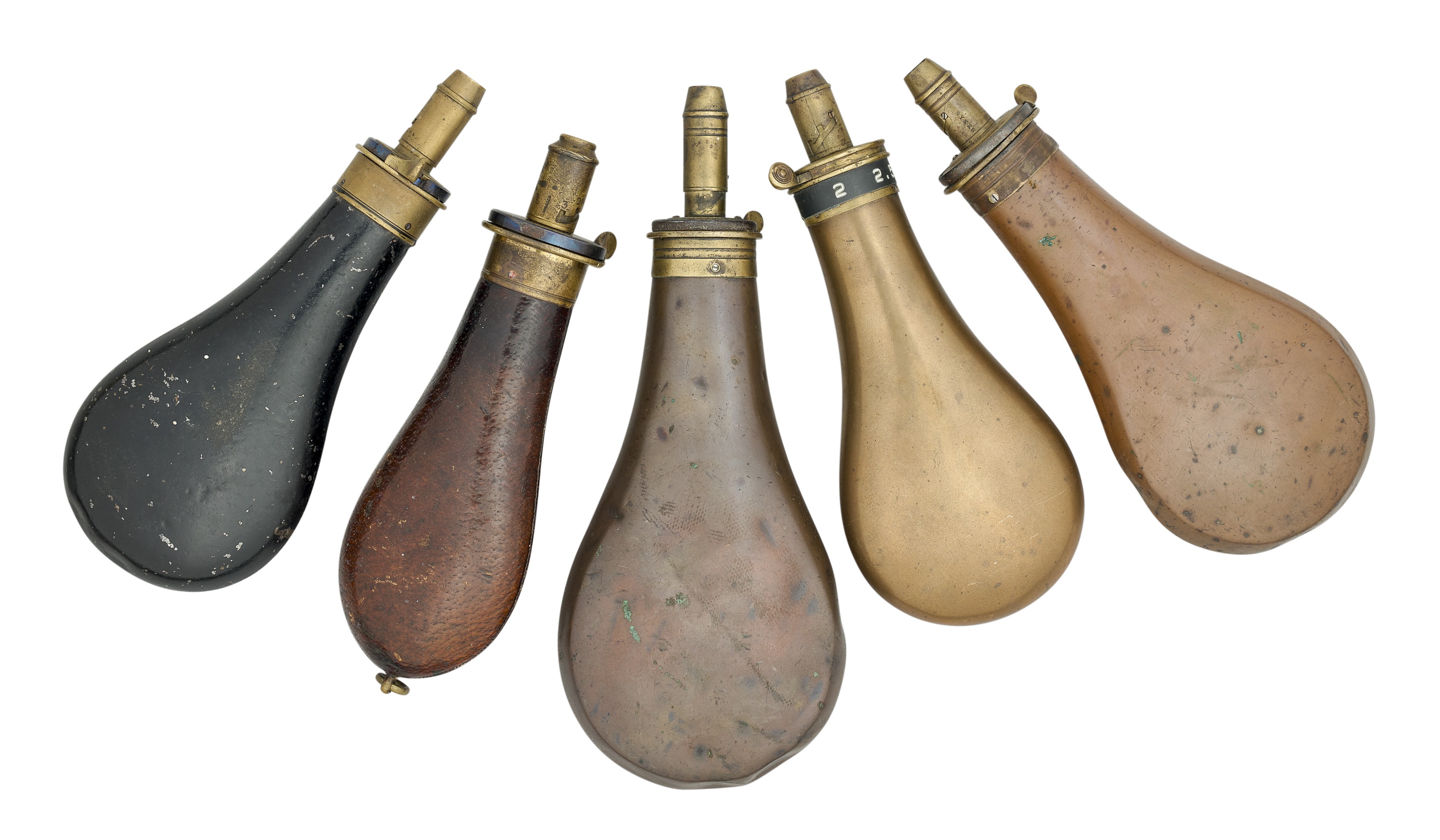 Lot 382 - FIVE GUN-SIZED POWDER-FLASKS, 19TH CENTURY