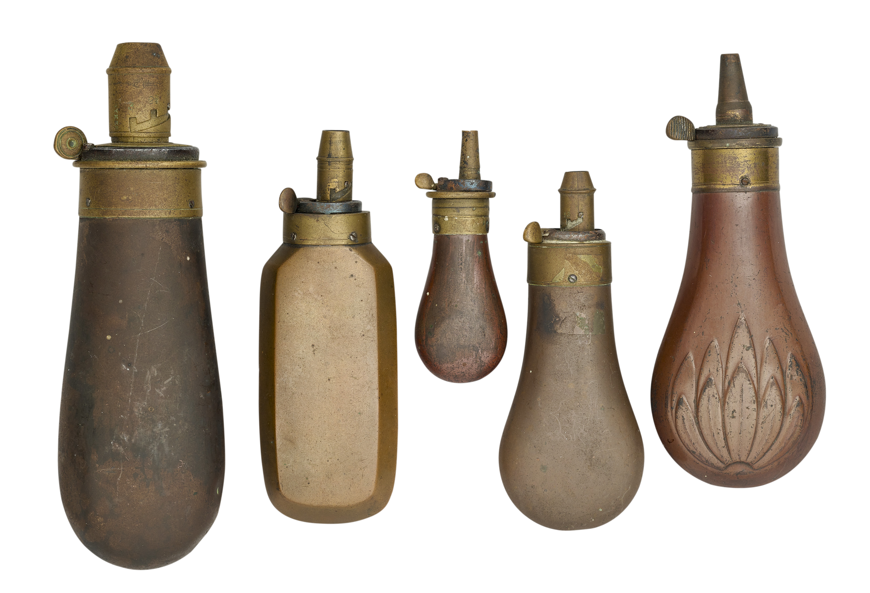 Lot 381 - FIVE POWDER-FLASKS, 19TH CENTURY