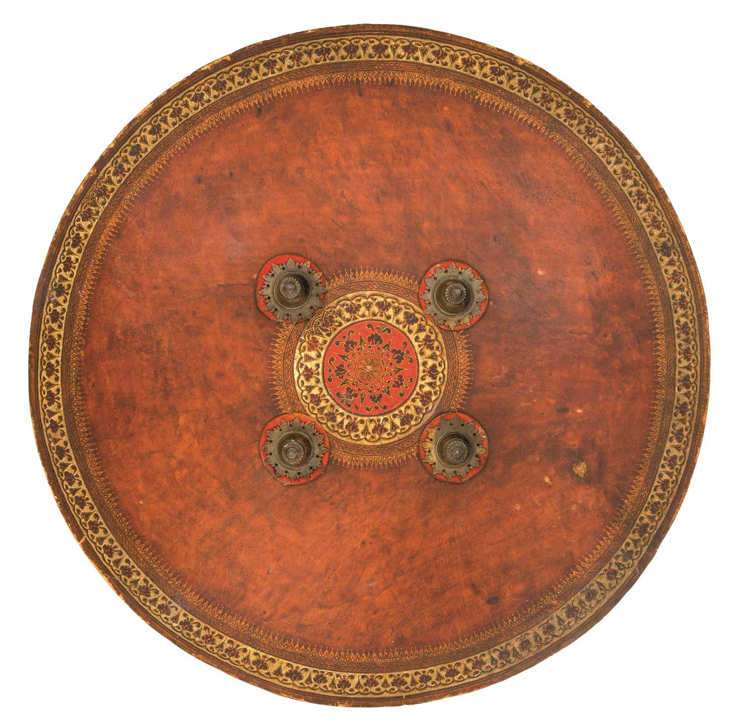 Lot 79 - AN INDIAN LACQUERED HIDE SHIELD (DHAL)