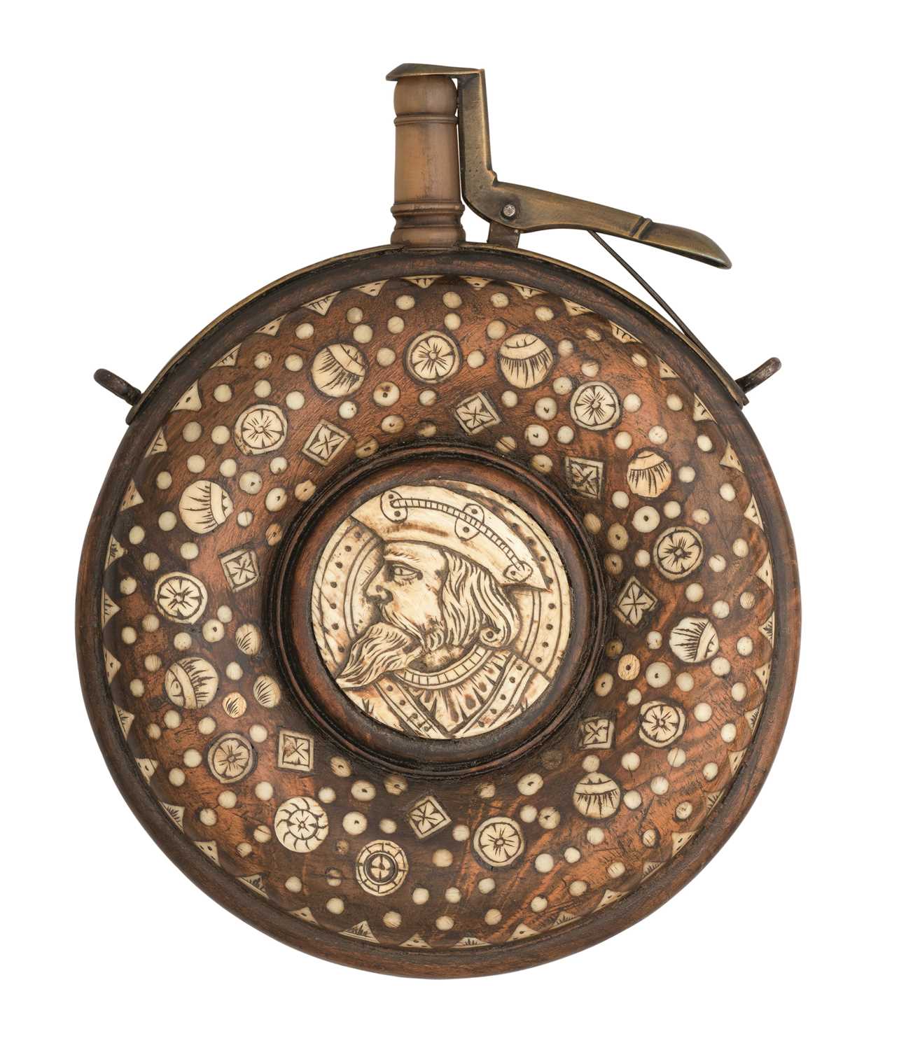 Lot 221 - A DECORATED CIRCULAR POWDER-FLASK IN GERMAN