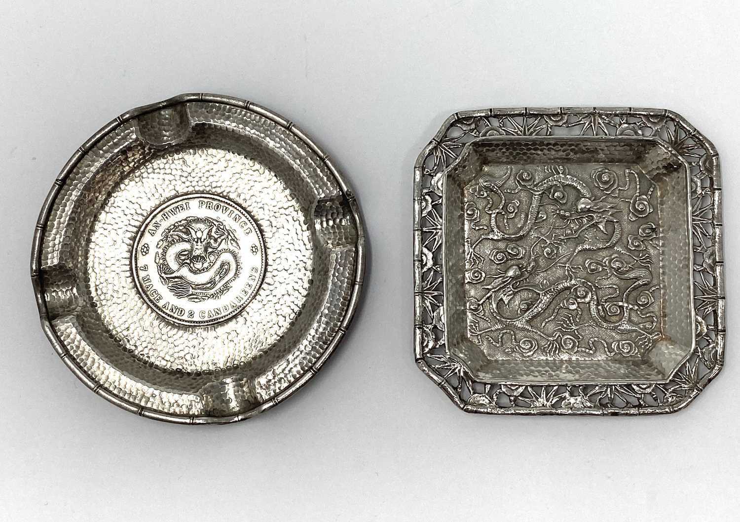 Lot 14 - A CHINESE COIN-SET SILVER ASHTRAY, UNMARKED,
