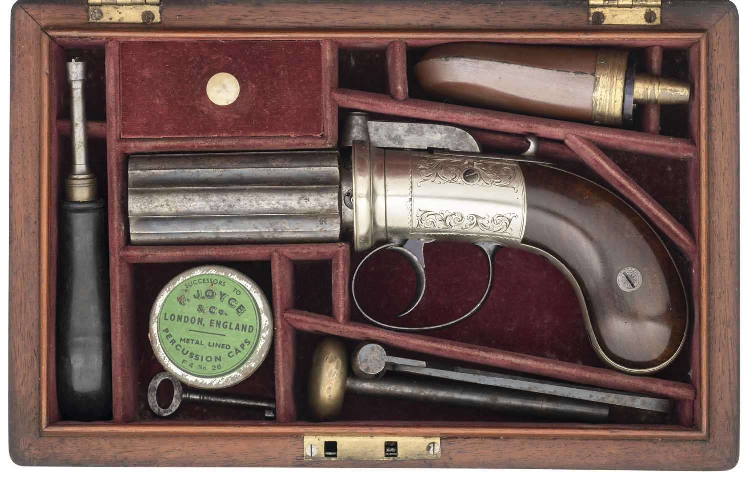 Lot 445 - A CASED 120 BORE SIX-SHOT PERCUSSION