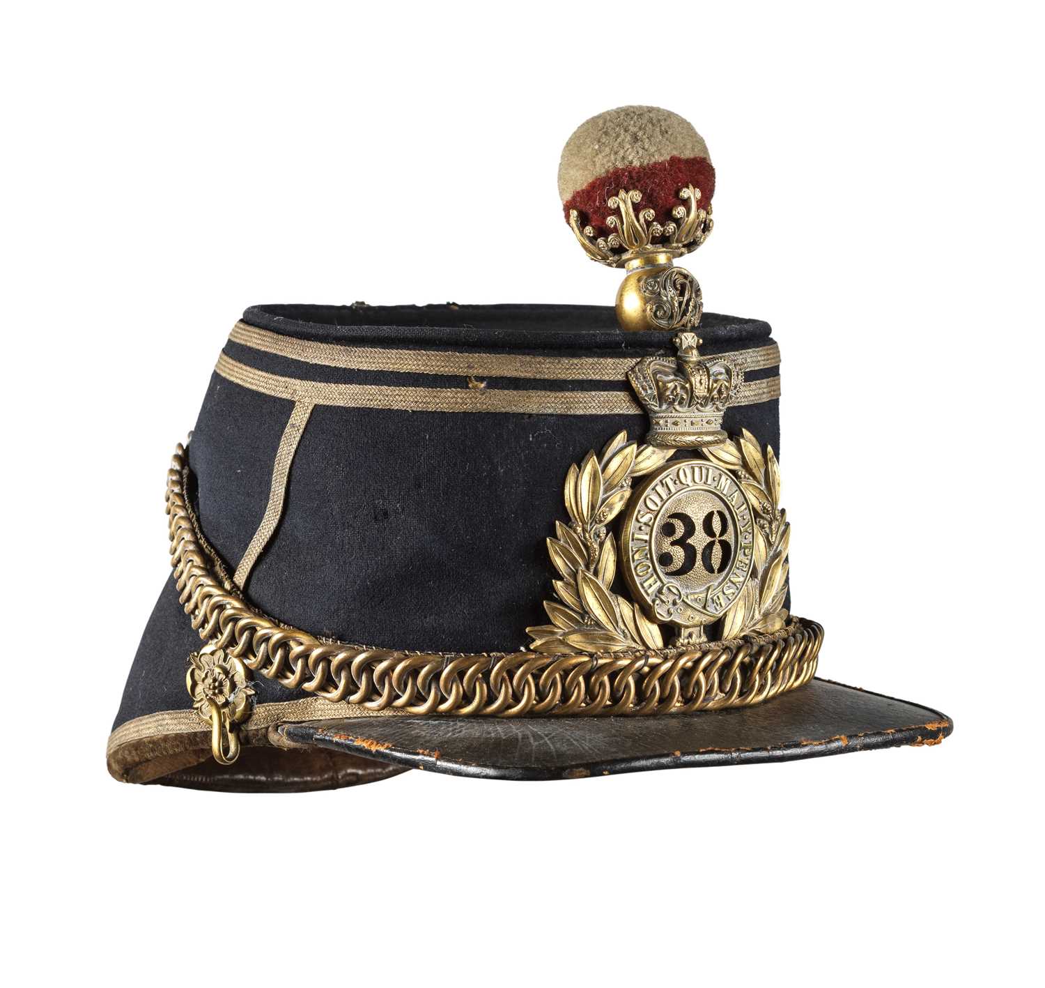 Lot 289 - A CASED 1869-78 PATTERN SHAKO FOR THE 38TH