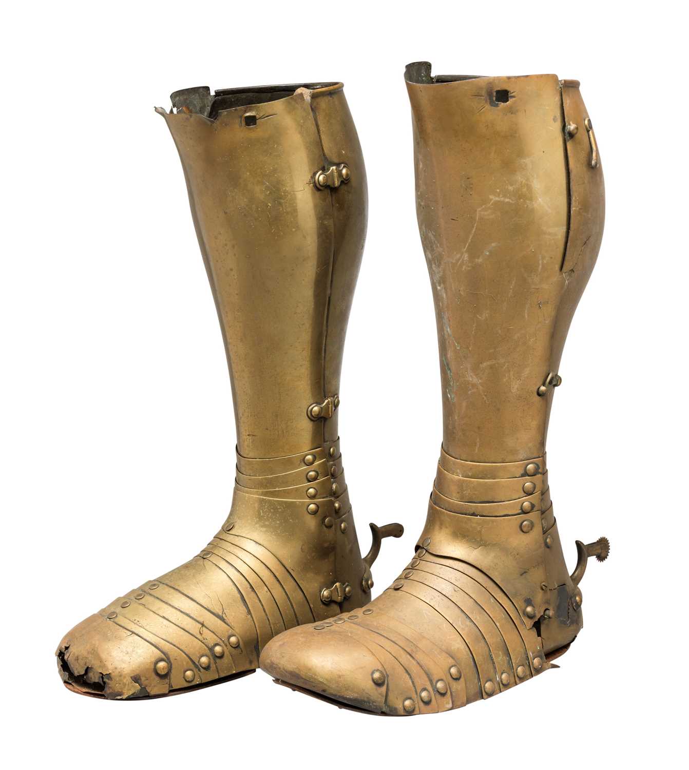 Lot 297 - A PAIR OF BRASS GREAVES AND SABATONS IN THE