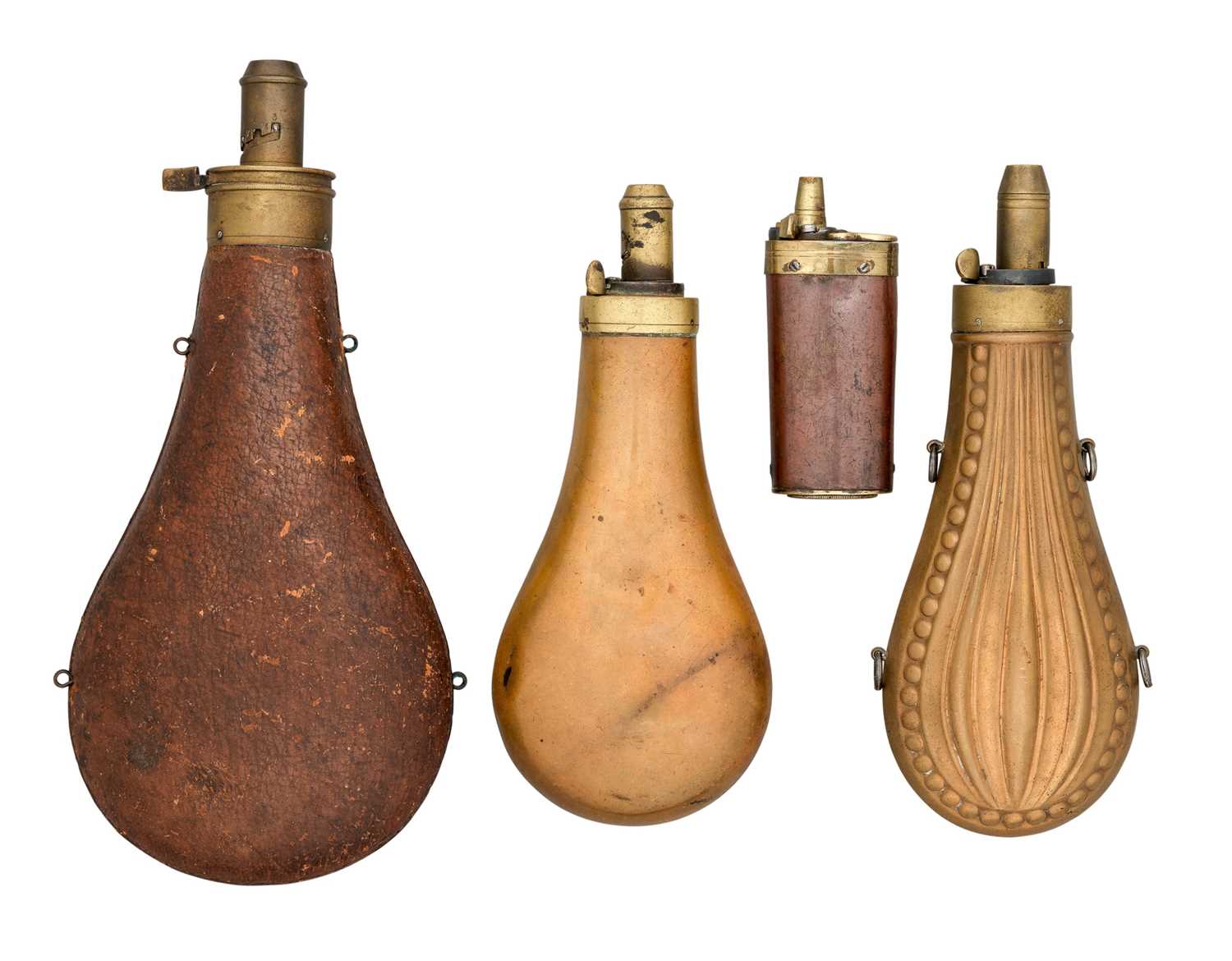 Lot 348 - â€¡THREE GUN FLASKS AND A THREE-WAY PISTOL