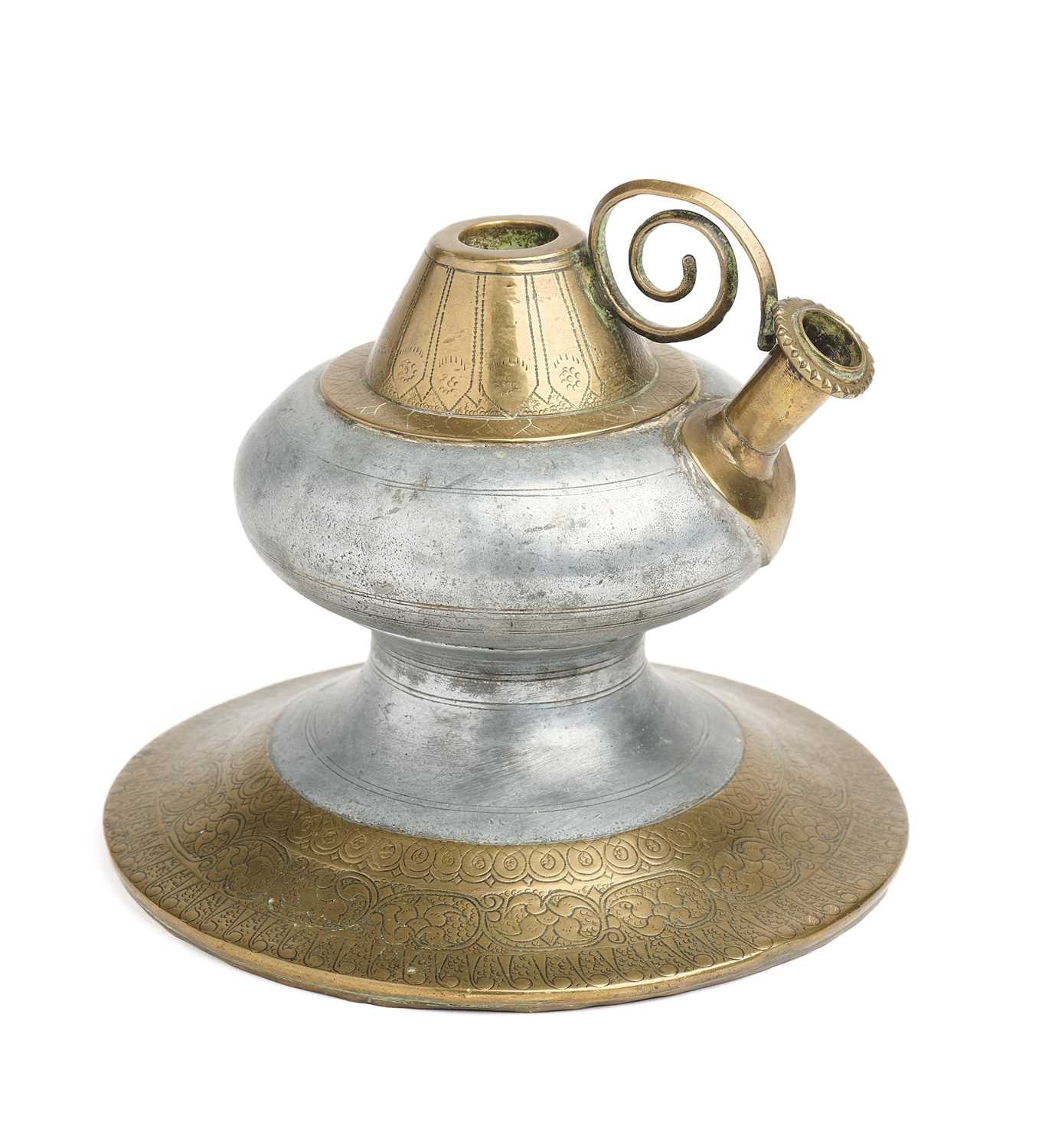 Lot 264 - AN UNUSUAL BRASS AND ZINC HUQQA BASE,