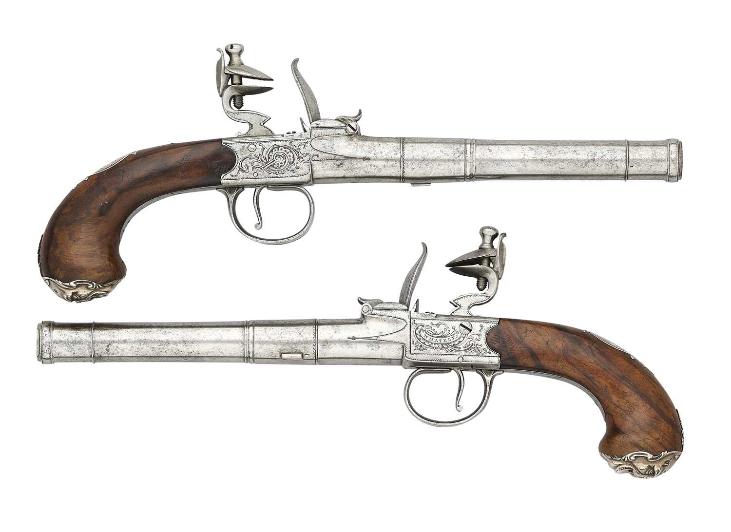 Lot 284 - A PAIR OF 22 BORE SILVER-MOUNTED FLINTLOCK