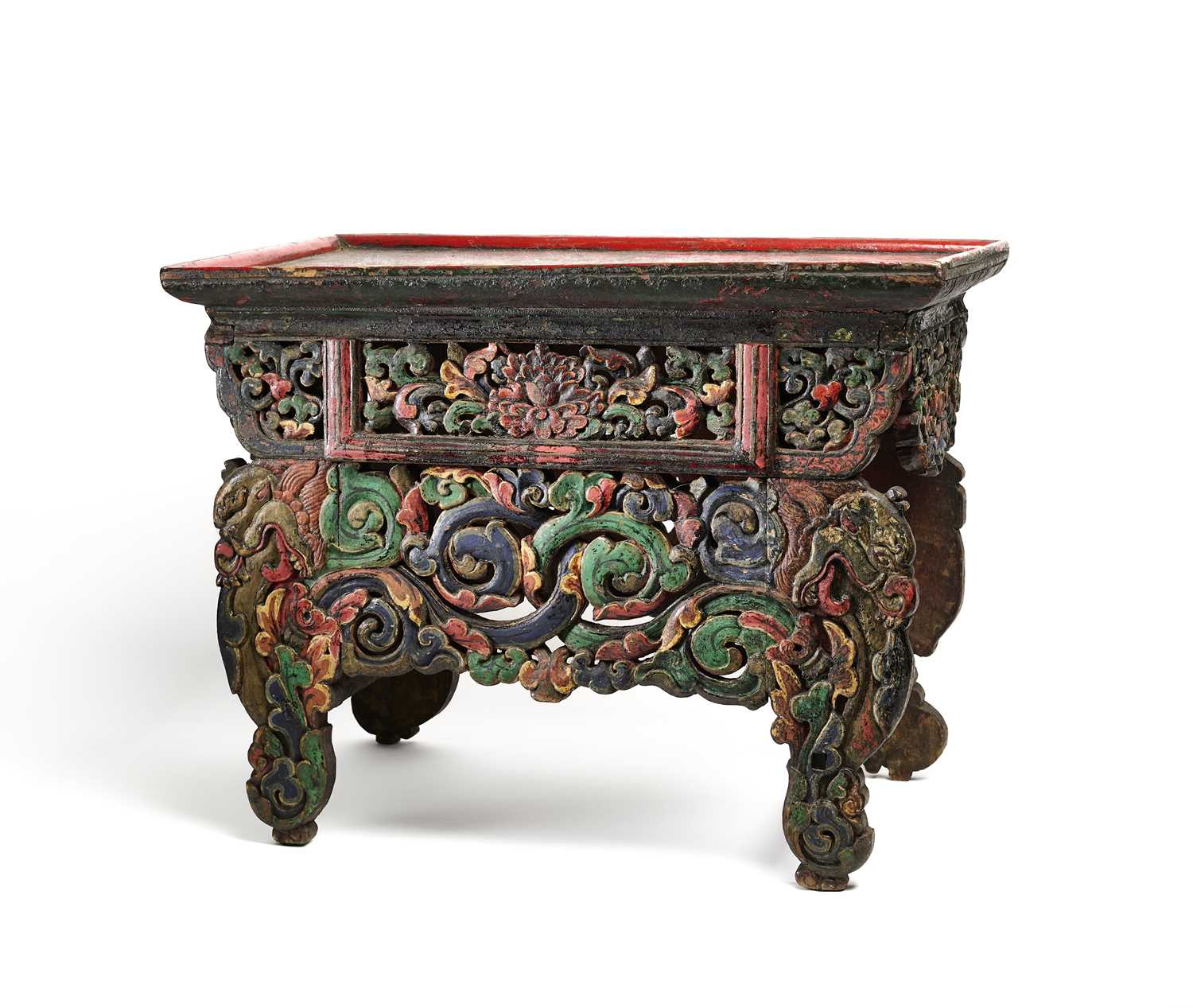 Lot 144 - A CARVED AND PAINTED WOOD ALTAR TABLE, TIBET,