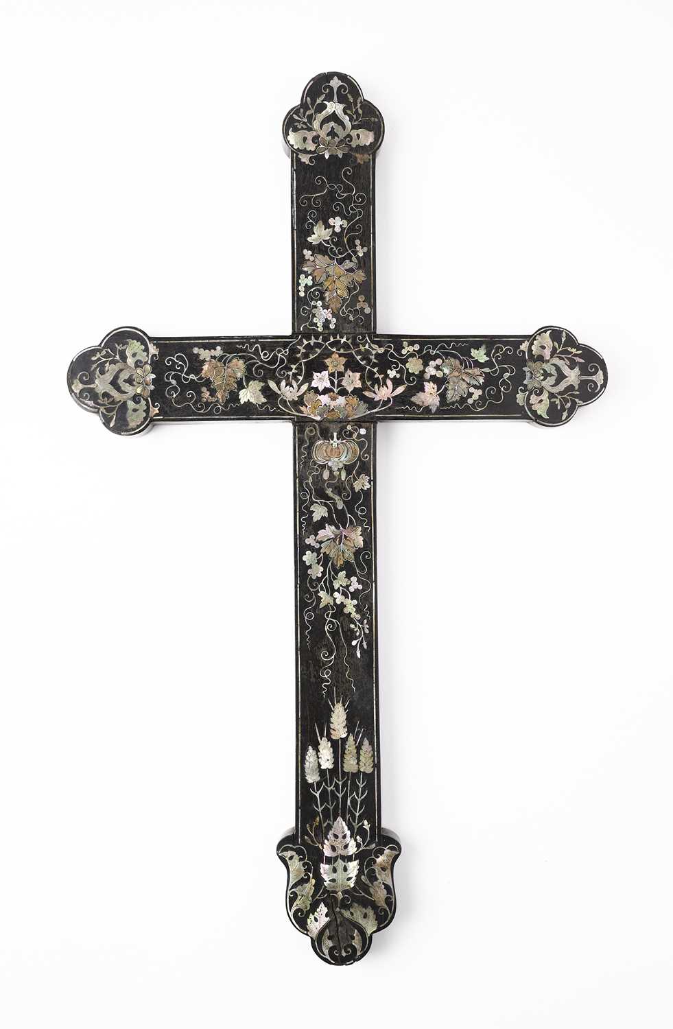 Lot 38 - A CHINESE MOTHER-OF-PEARL INLAID WOOD APOSTLE