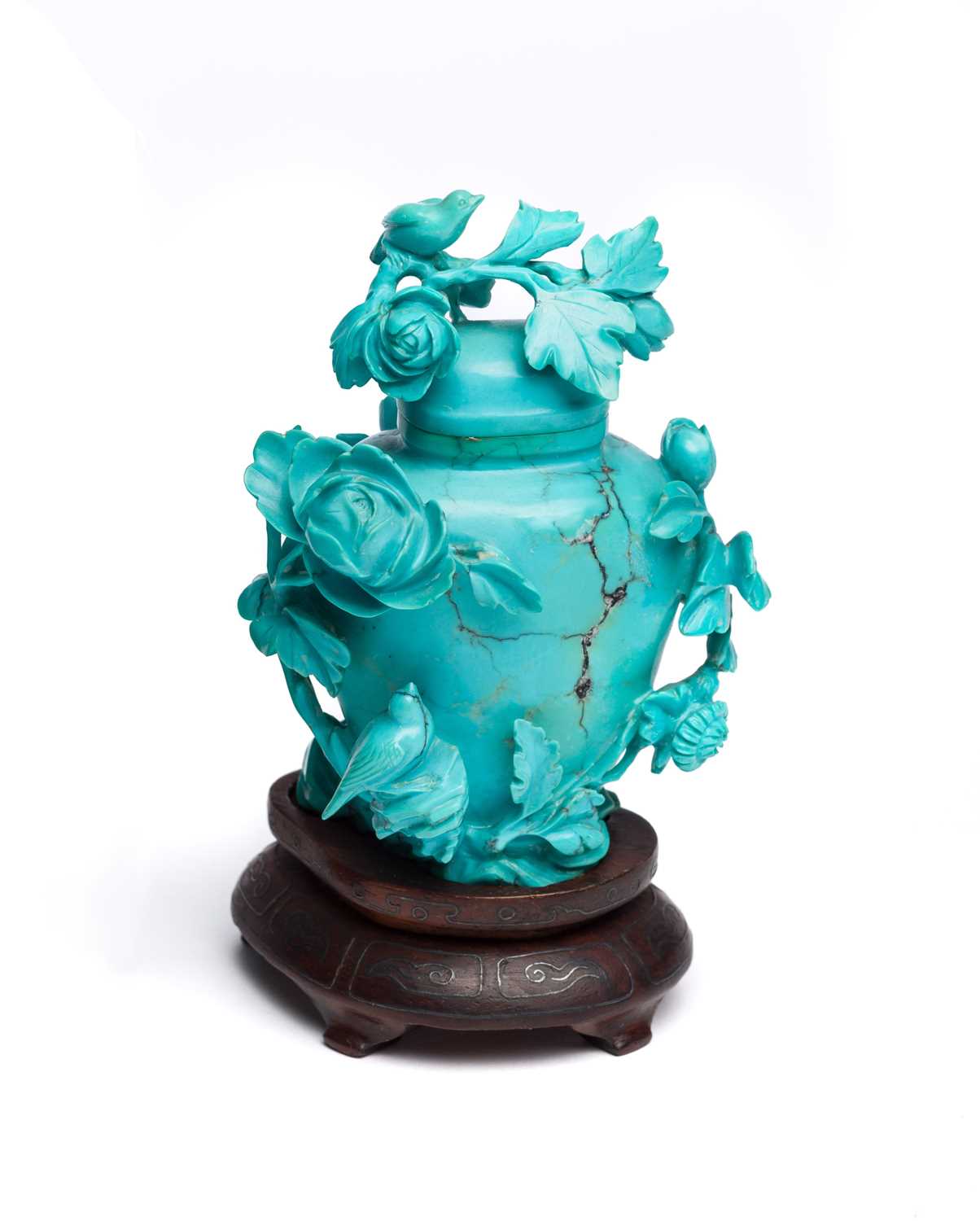 Lot 60 - A CHINESE CARVED TURQUOISE ~PEONY~ VASE AND