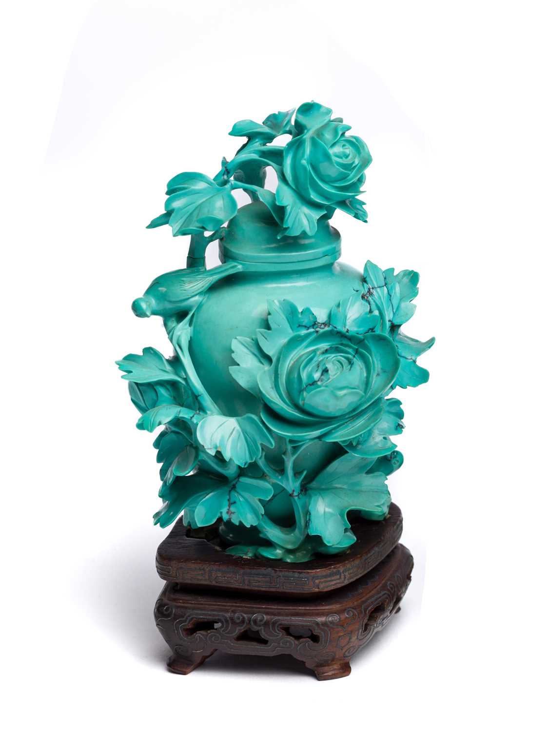 Lot 61 - A CHINESE CARVED TURQUOISE ~PEONY~ VASE AND
