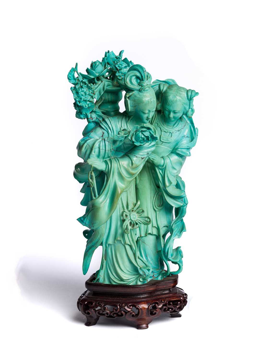 Lot 75 - A CHINESE CARVED TURQUOISE MAIDEN GROUP^ 20TH