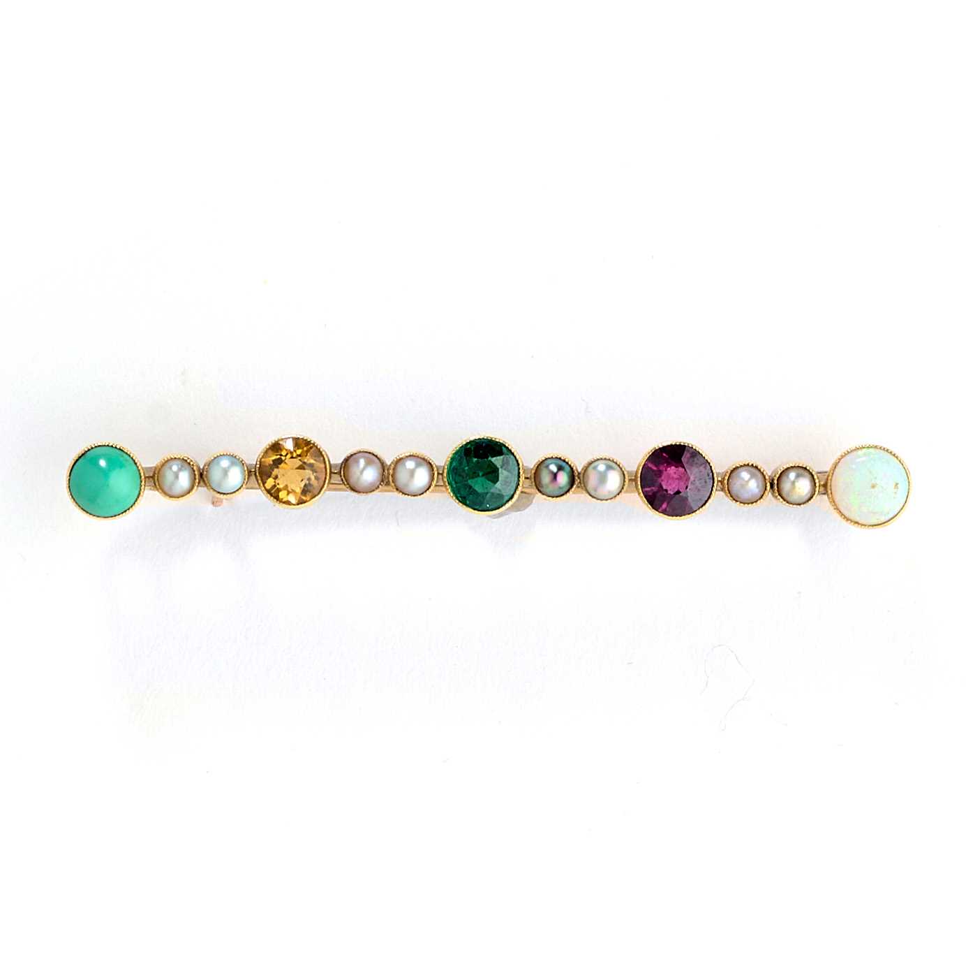 Lot 422 - GOLD AND GEM-SET BAR BROOCH, 1900s