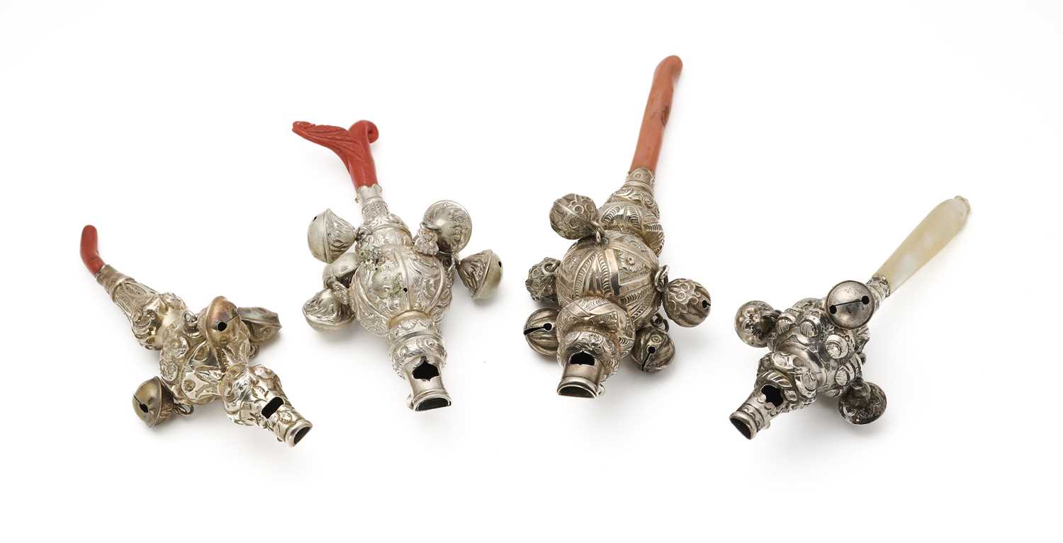 Lot 233 - FOUR VICTORIAN SILVER CHILDREN'S RATTLES,